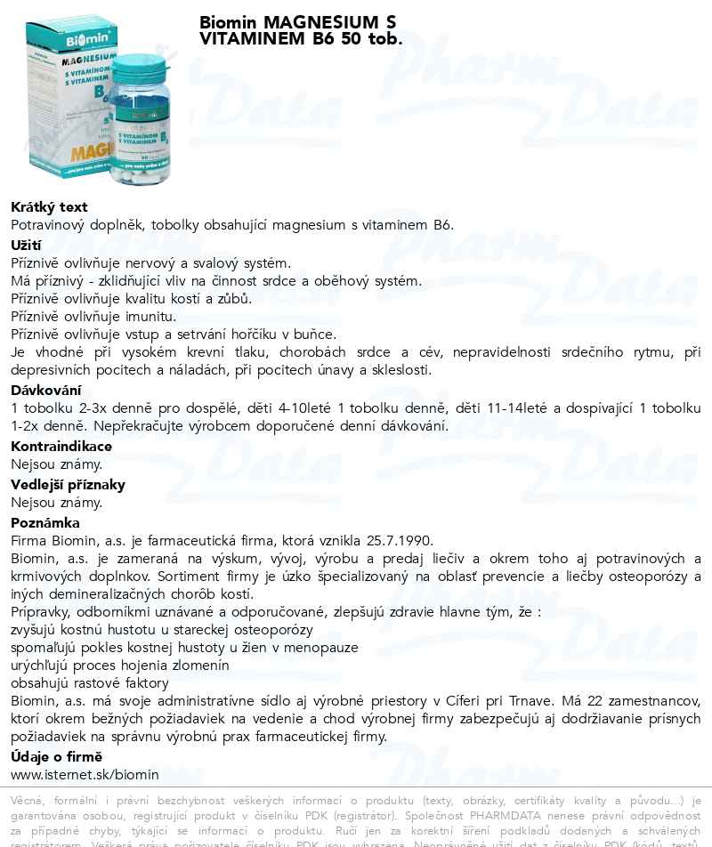 MAGNESIUM S VIT. B6 cps.50 Biomin | SOS lékárna online, internetová ...